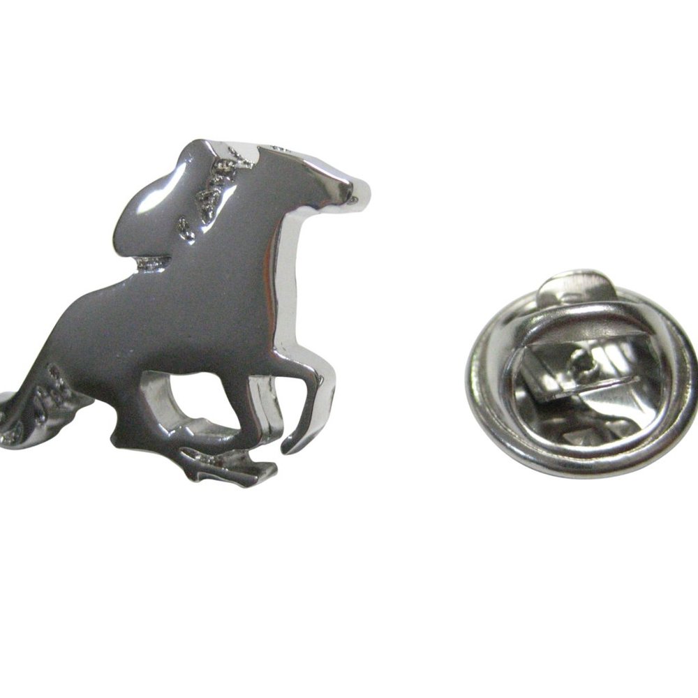 Silver Toned Horse Jockey Outline Lapel Pin - Gem